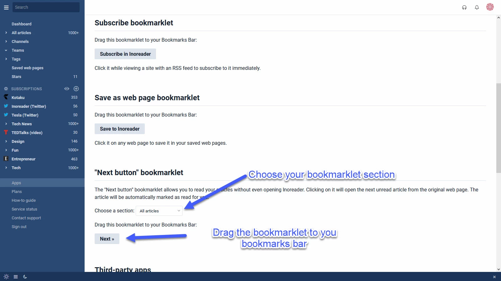 Introducing the Next bookmarklet… and more! | Inoreader blog
